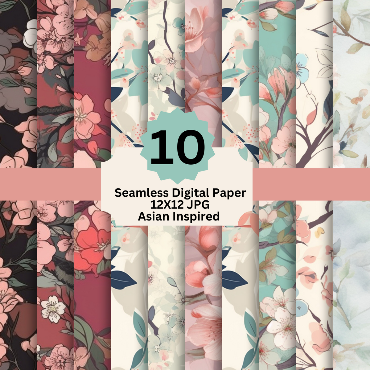 Asian Inspired Scrapbook Digital Paper Seamless Floral Spring Flowers ...